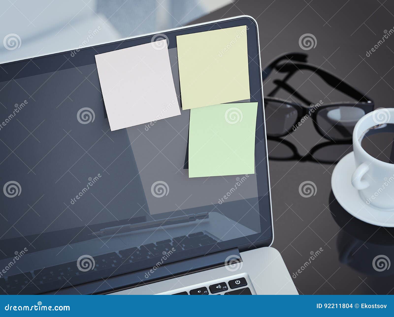 Blank Sticky Notes on the Display of Laptop. 3d Rendering Stock ...