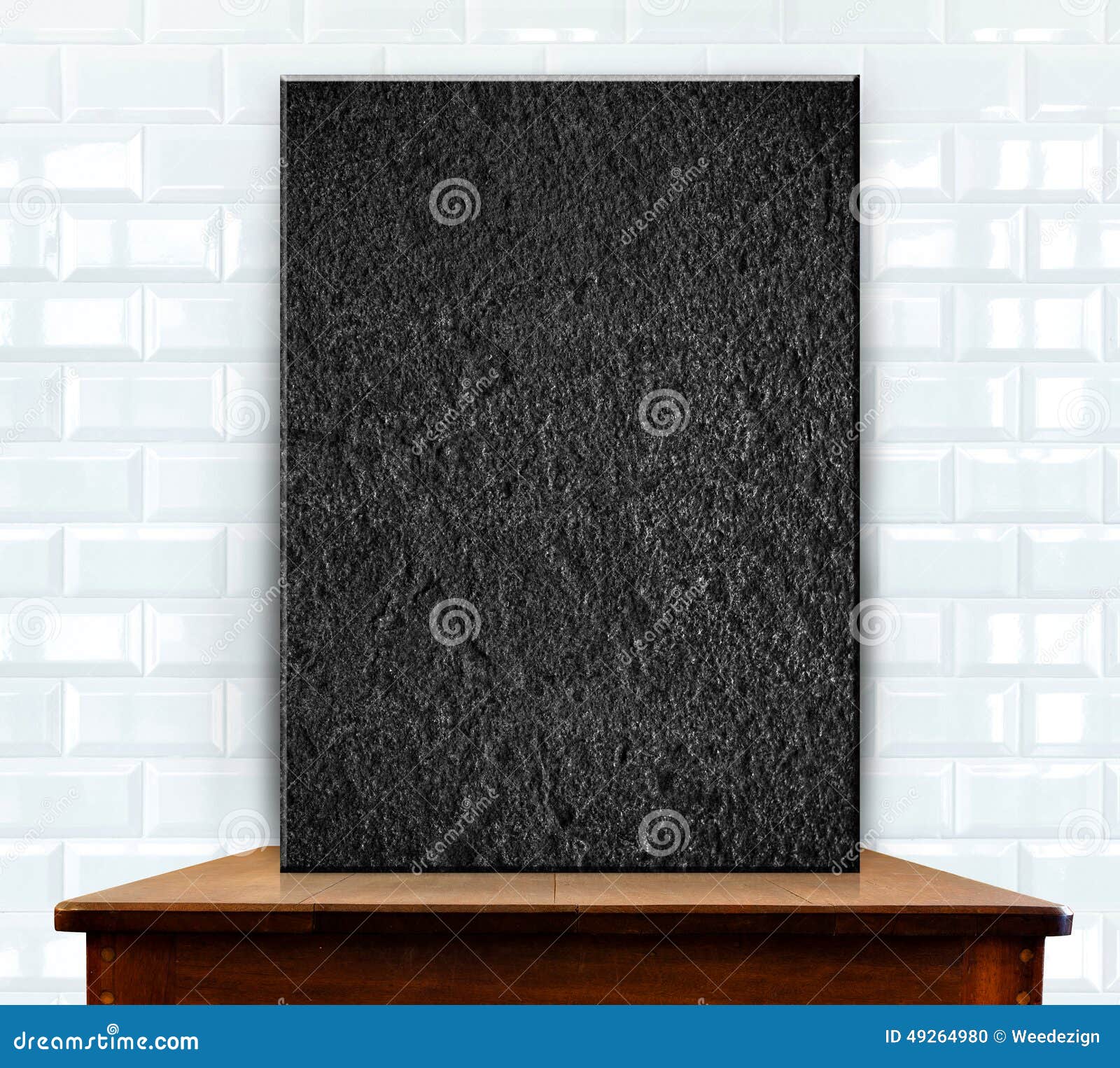 Blank Stone Frame On Wood Table At White Ceramic Tiles Wall Stock Photo ...