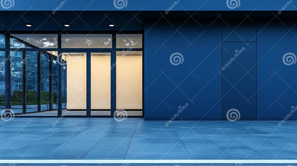 A Blank Storefront with Large Windows and Blue Panels. Stock ...