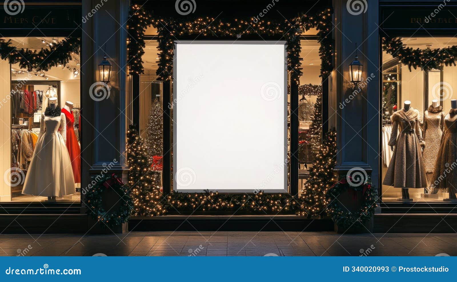 A Blank Storefront Window Decorated with Christmas Lights Stock Image ...