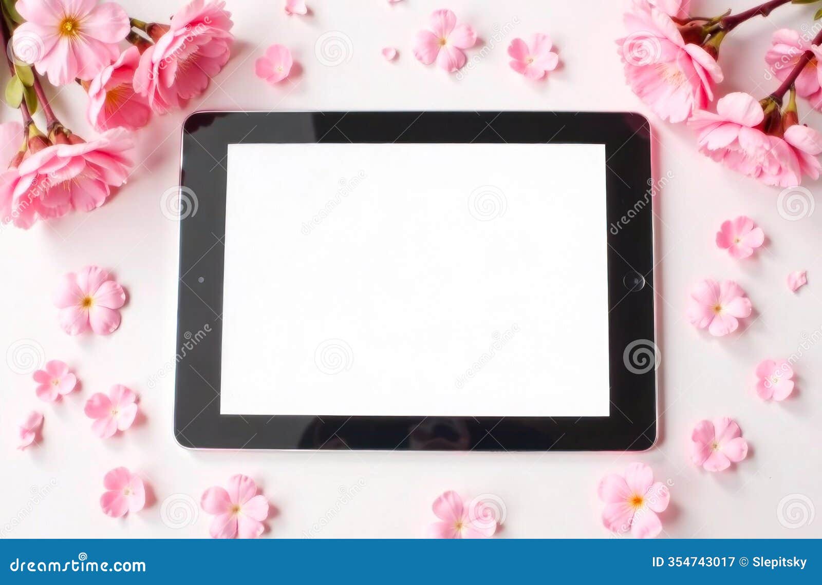 A Blank Tablet is Elegantly Decorated with Pink Flowers on a White ...