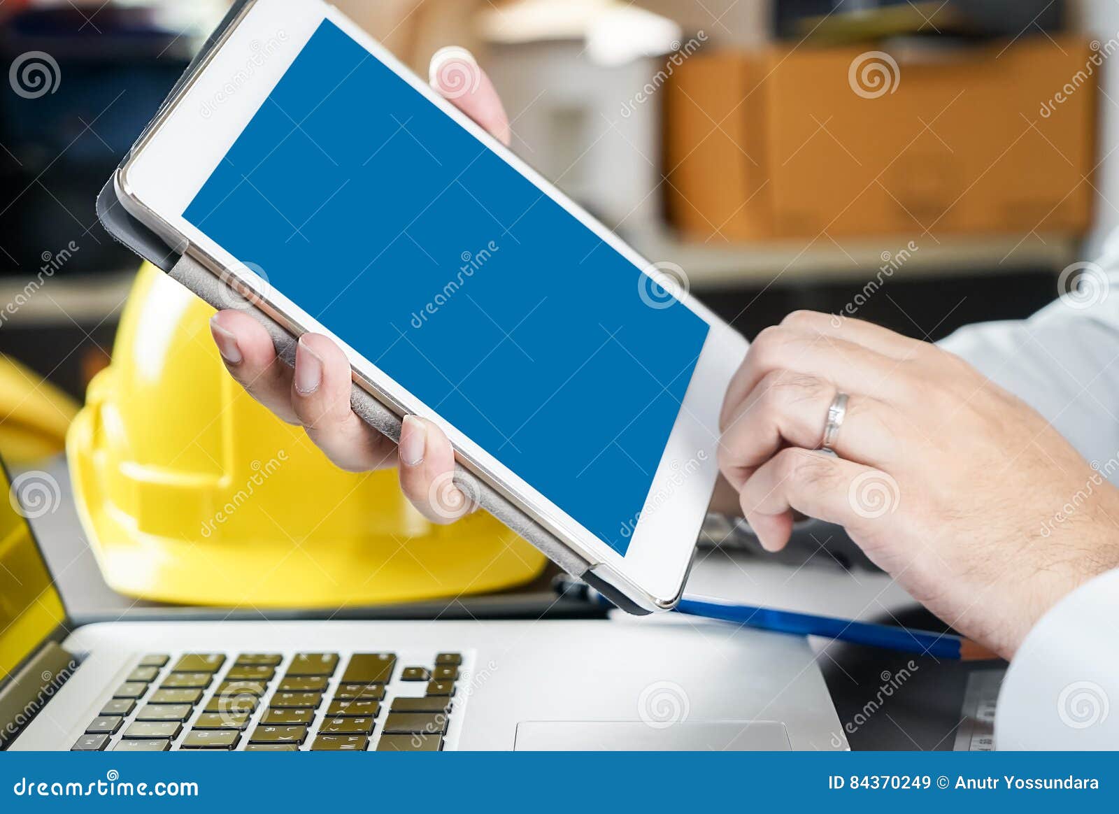 Blank Tablet Screen in Construction Industry. Stock Image - Image of ...