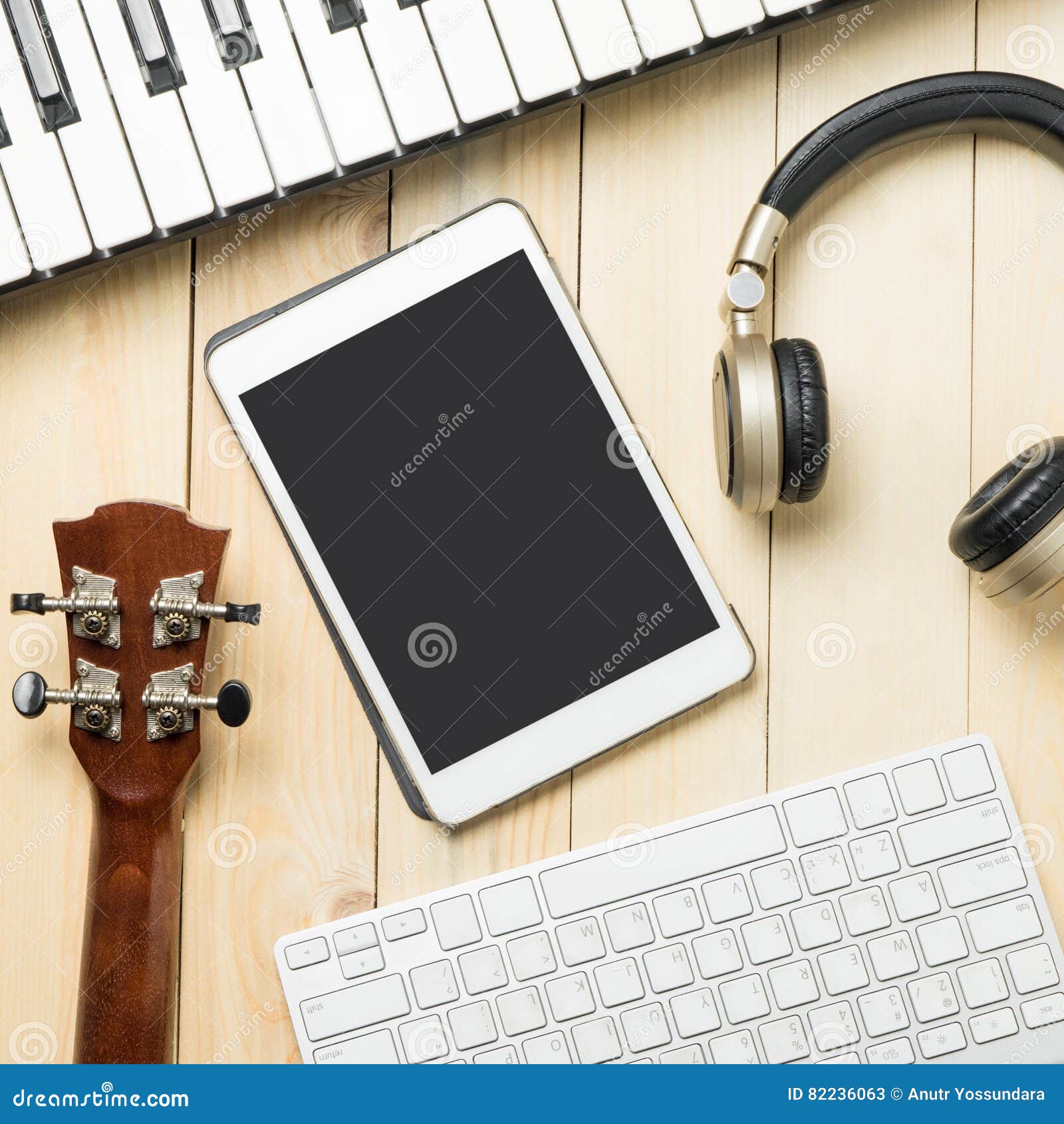 Blank Tablet Screen with Music Production. Stock Image - Image of wood ...