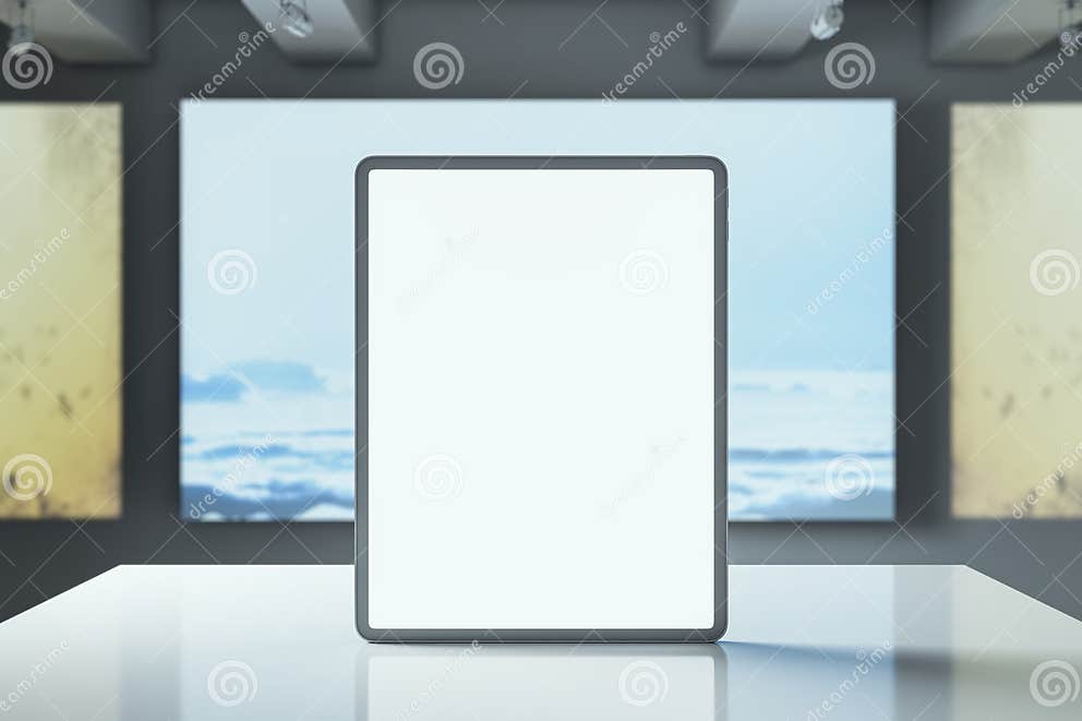 Blank Tablet Screen on a Podium in a Modern Display Room with Blurred ...