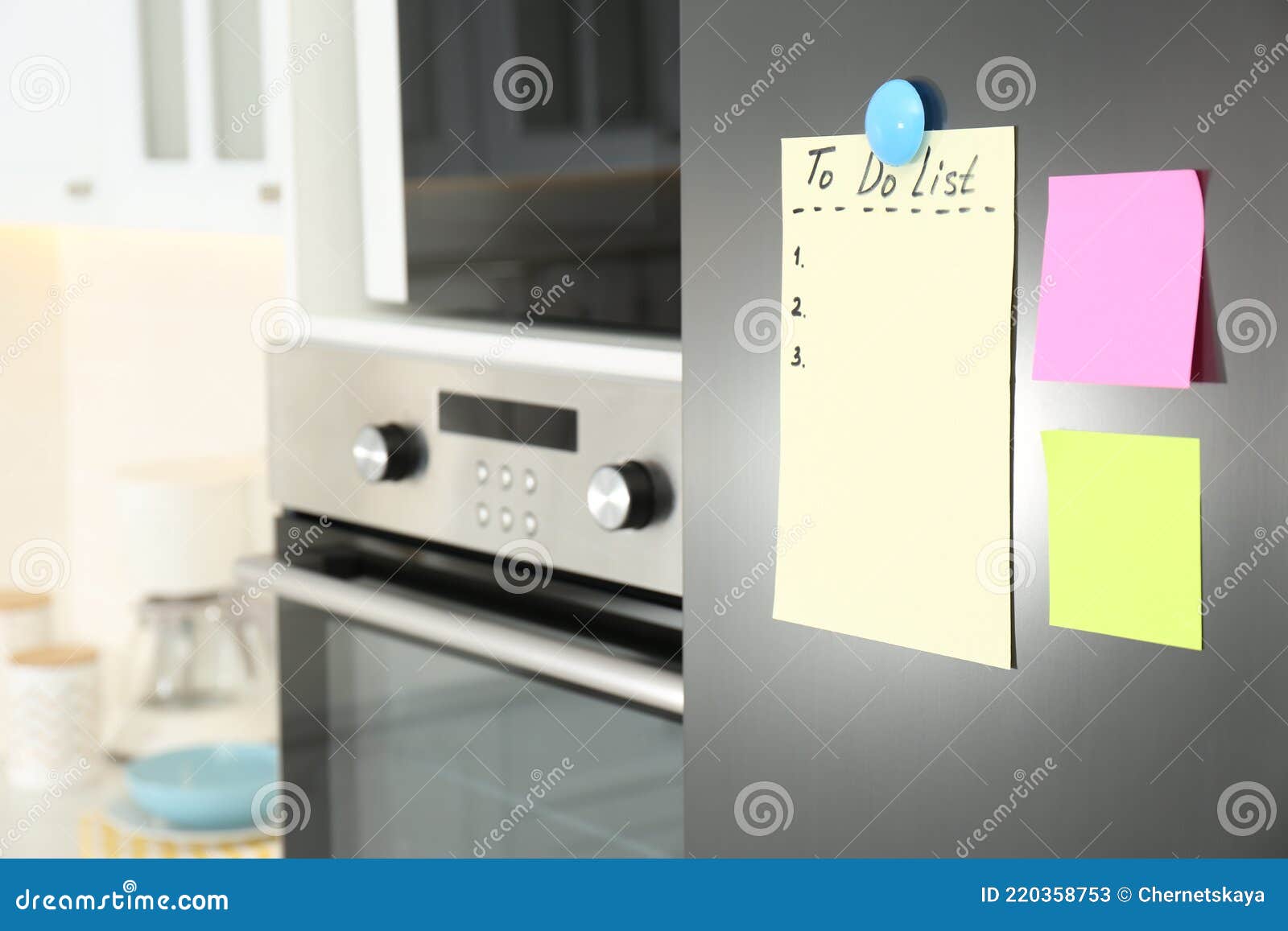 Blank To Do List and Sticky Notes on Fridge in Kitchen. Space for Text ...