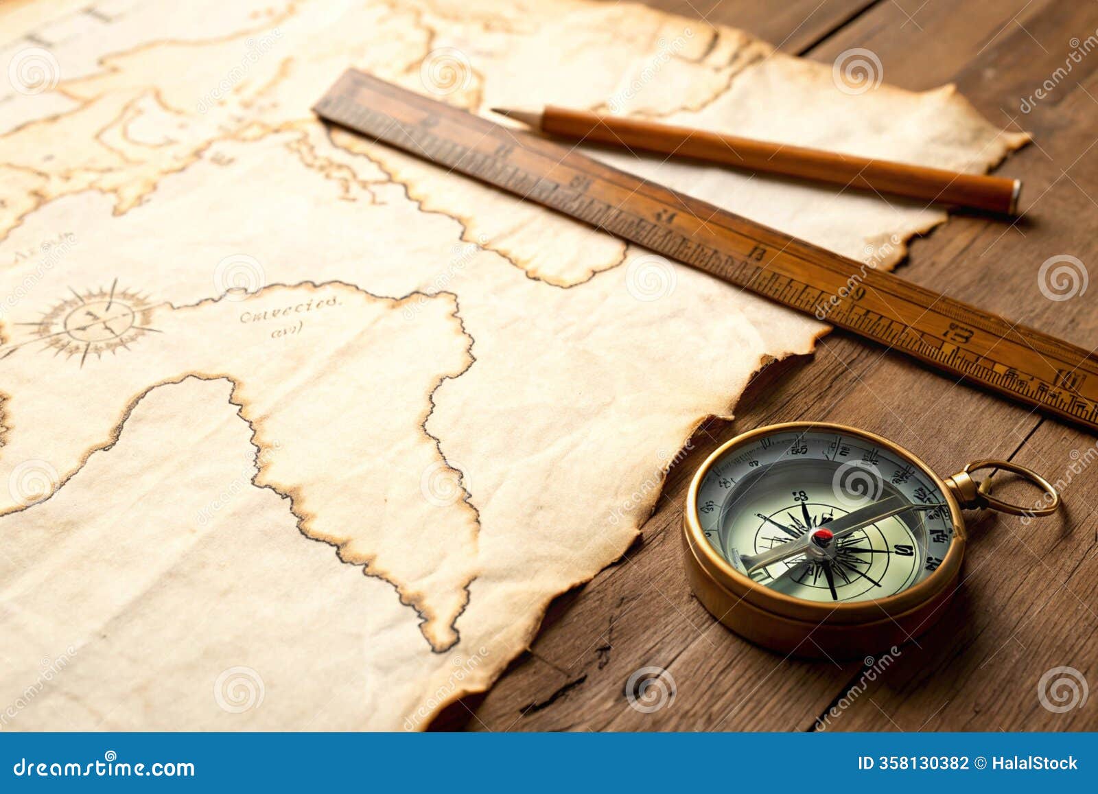 Blank Treasure Map Background With Old Compass And Ruler Royalty-Free ...