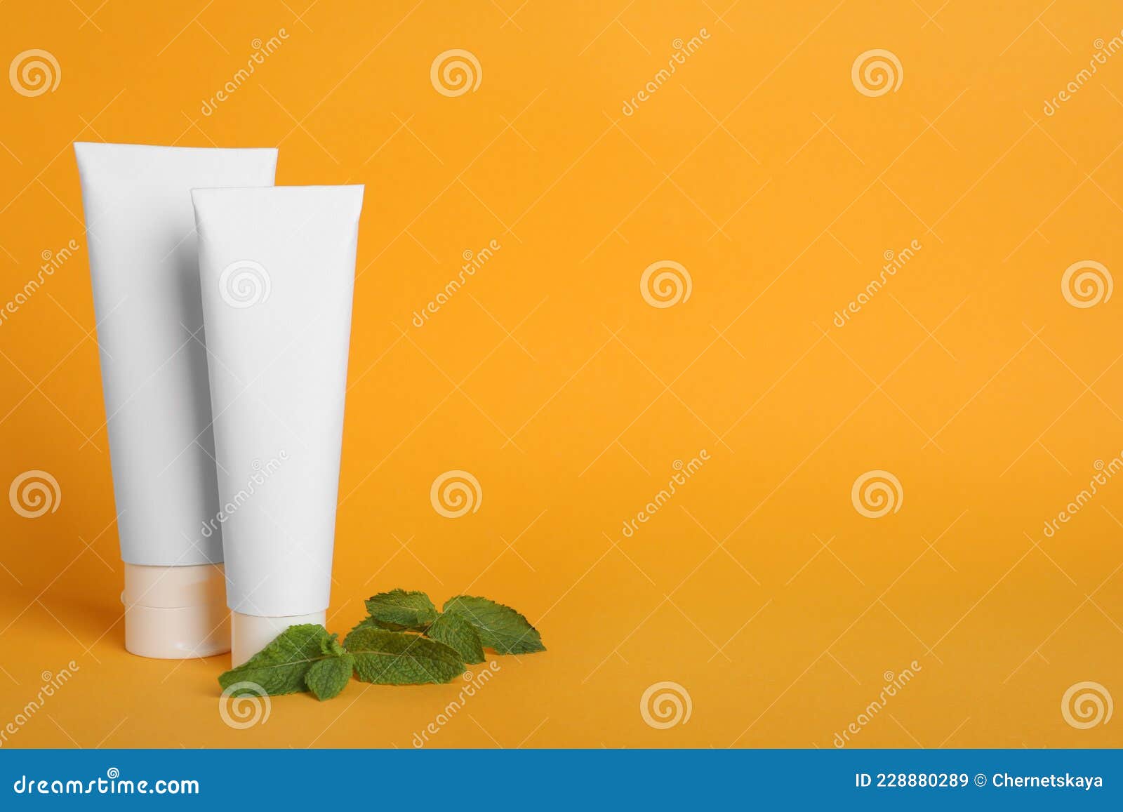 Blank Tubes of Toothpaste and Mint Leaves on Orange Background. Space ...