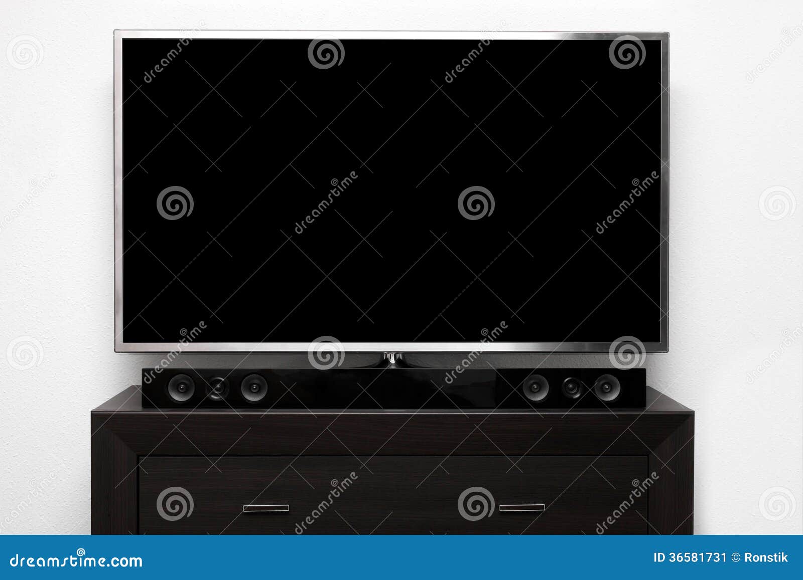 Blank Tv with Stereo System on Brown Commode Stock Image - Image of ...