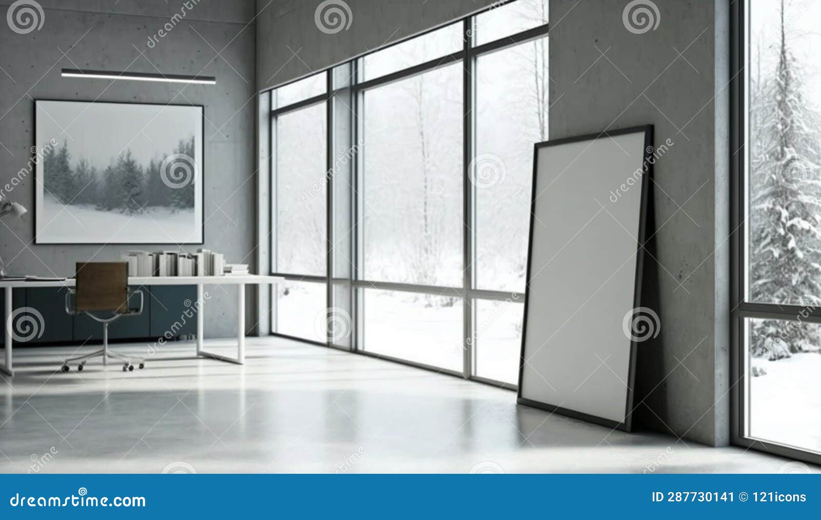 Blank Wall in Bright Concrete Office with Large Windows Mockup ...