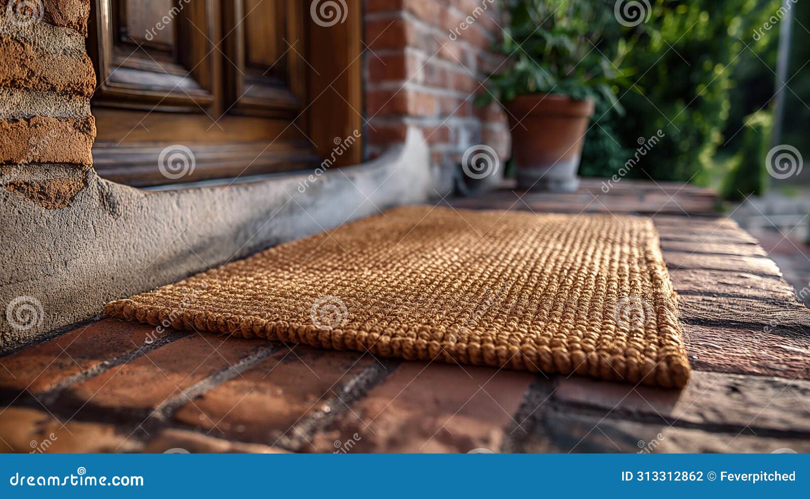 Low Angle View of Blank Welcome Mat at Custom Front Door of House ...