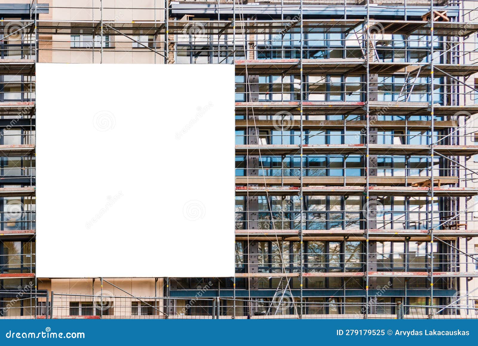 Blank White Advertisement Hanging On The Scaffolding Of Modern Building ...