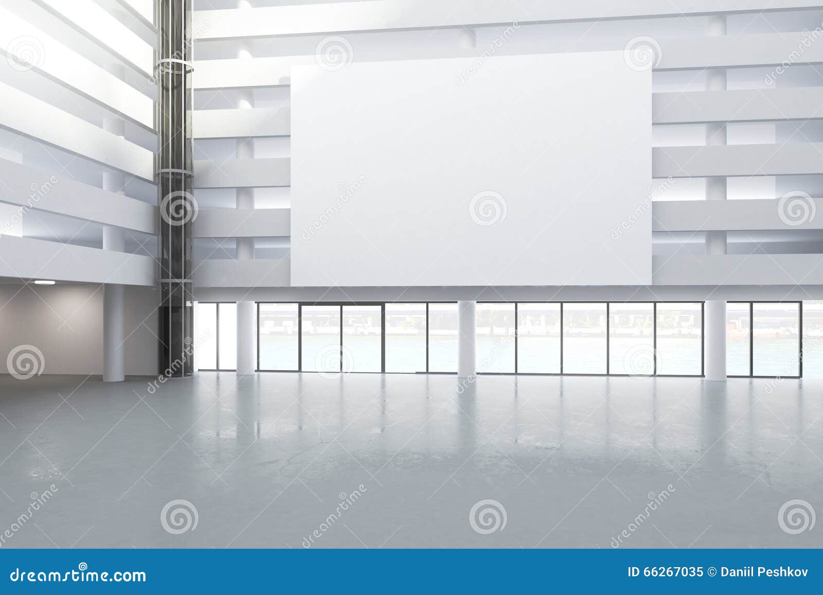 Blank White Billboard in the Hall of Empty Building with Concrete Floor ...