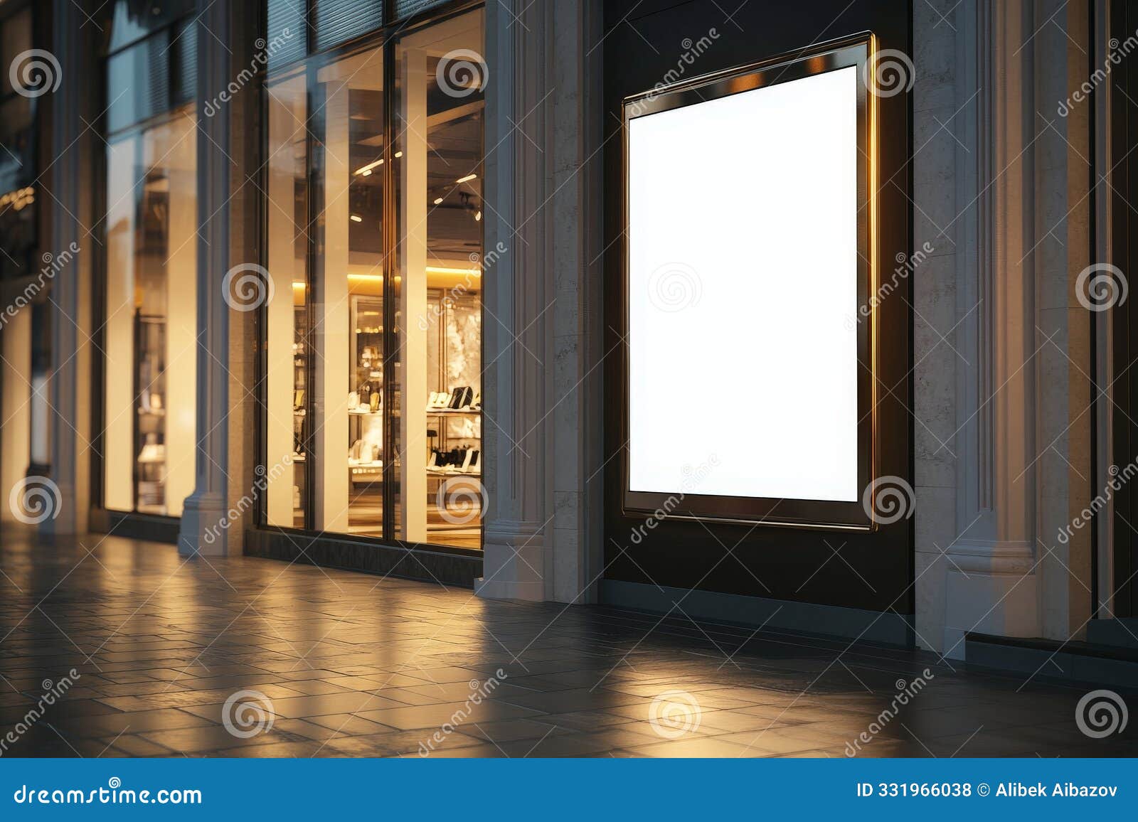 Blank White Billboard on Storefront at Night in Urban Shopping District ...