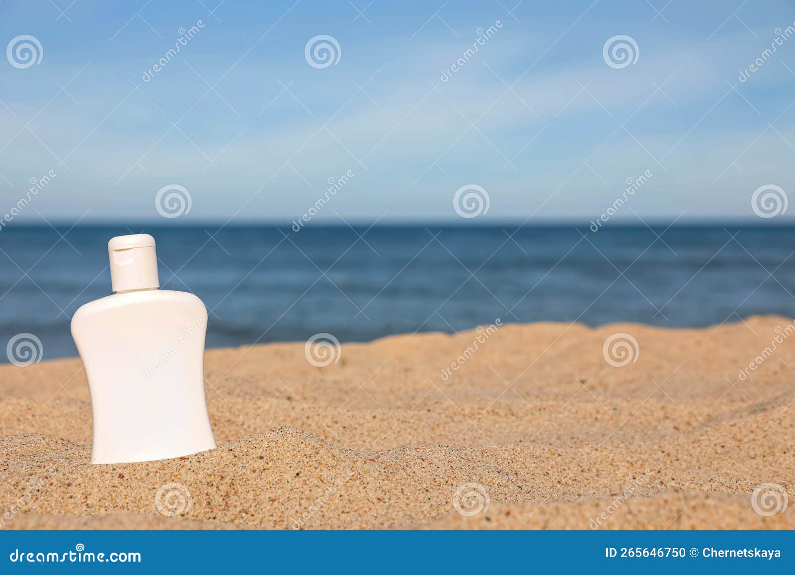 Blank White Bottle of Sunscreen on Sand Near Sea, Space for Text Stock ...