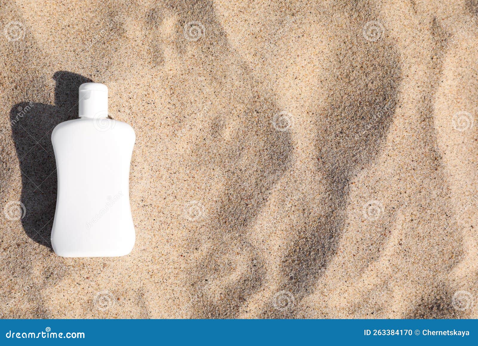 Blank White Bottle of Sunscreen on Sand, Top View. Space for Text Stock ...