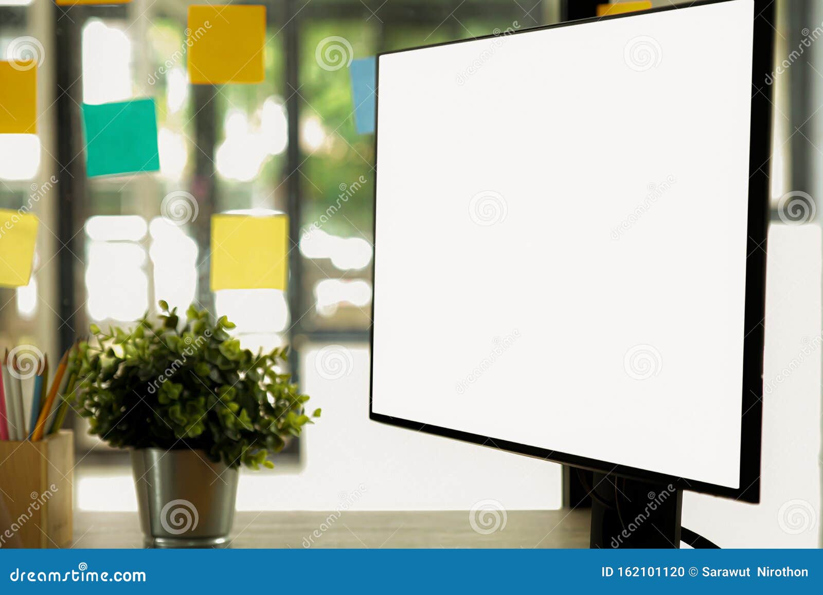 Blank White Computer Screen on the Office Desk Stock Photo - Image of ...