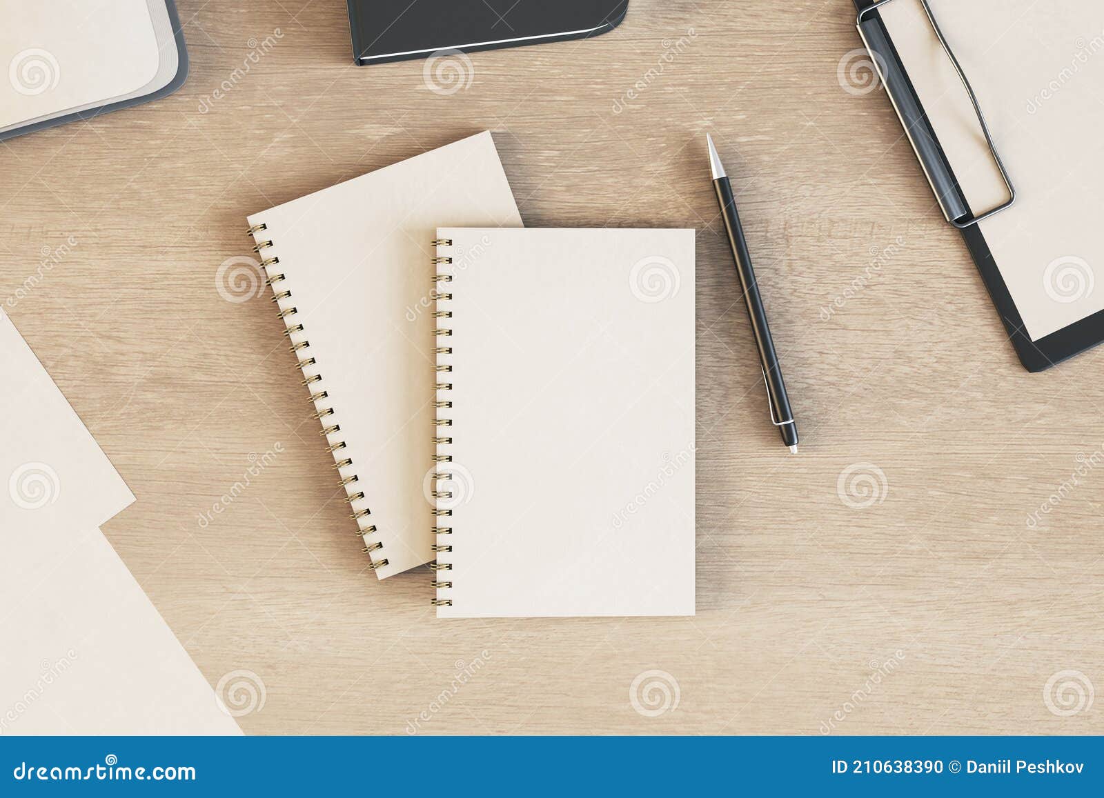 Blank White Diaries Cover with Pen on Light Wooden Table. Mockup Stock ...
