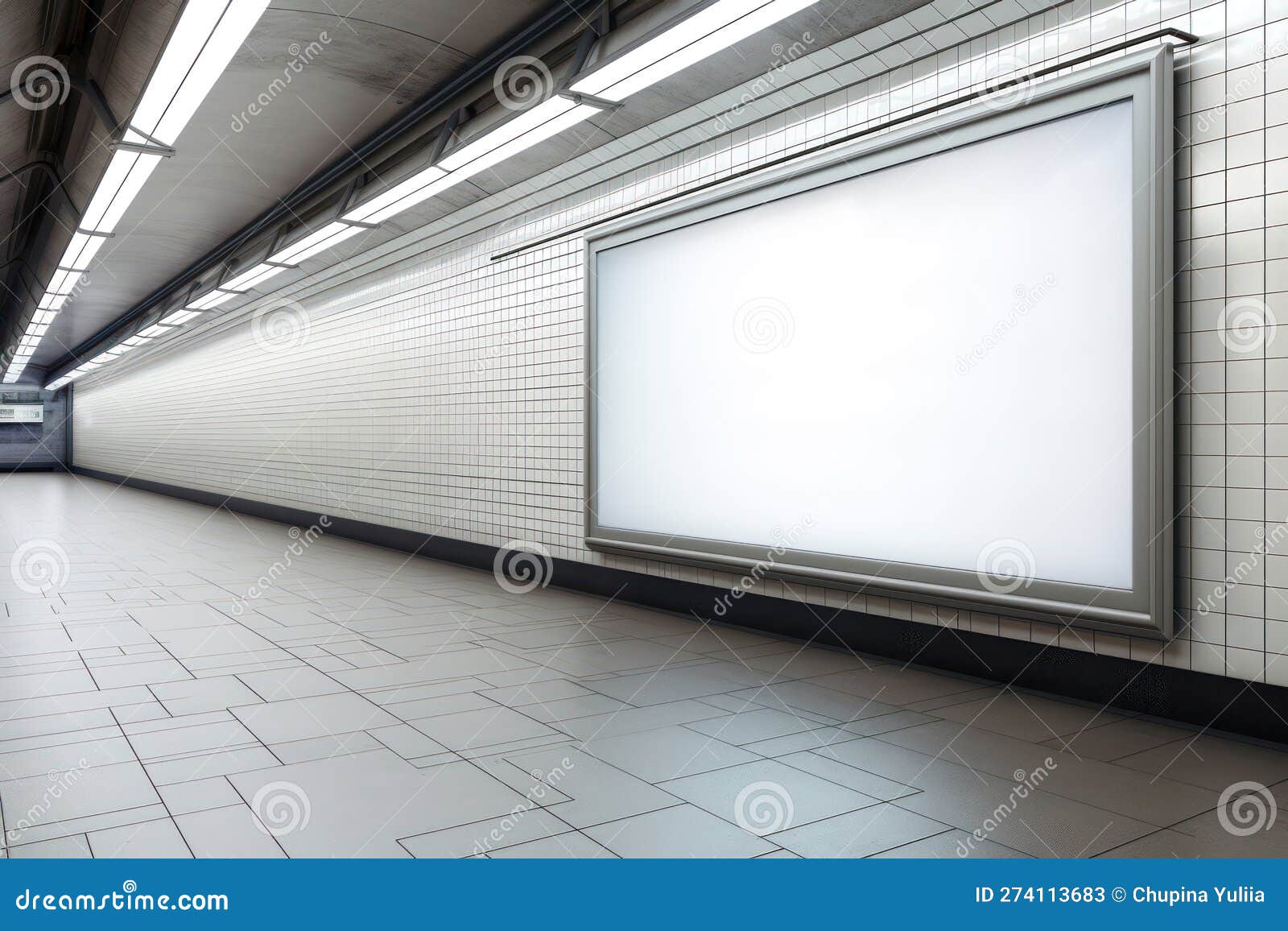 Blank White Digital Billboard Light Box in Empty Subway Train Station ...