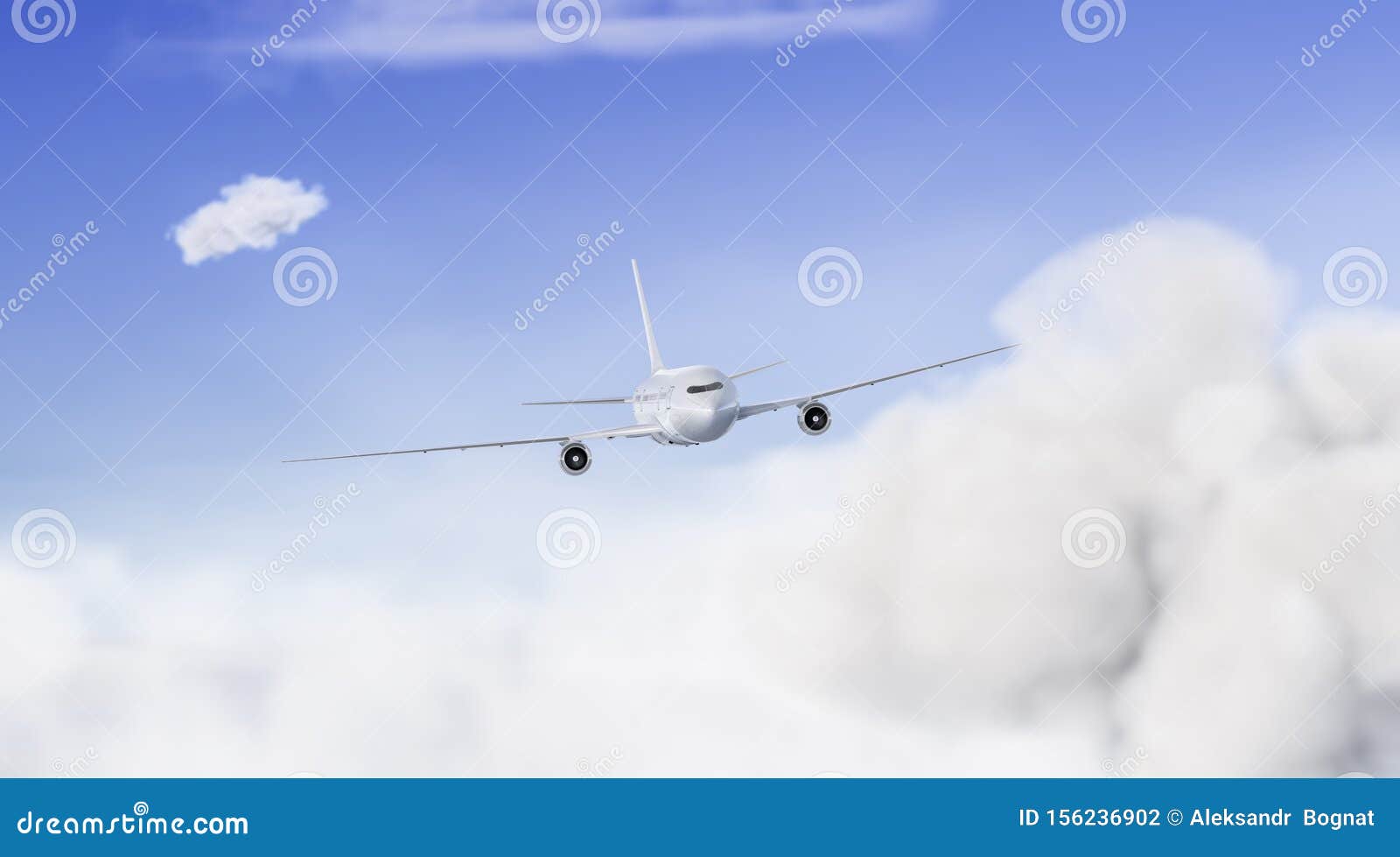Blank White Flying Airplane Mockup on Sky Background, Front View Stock ...