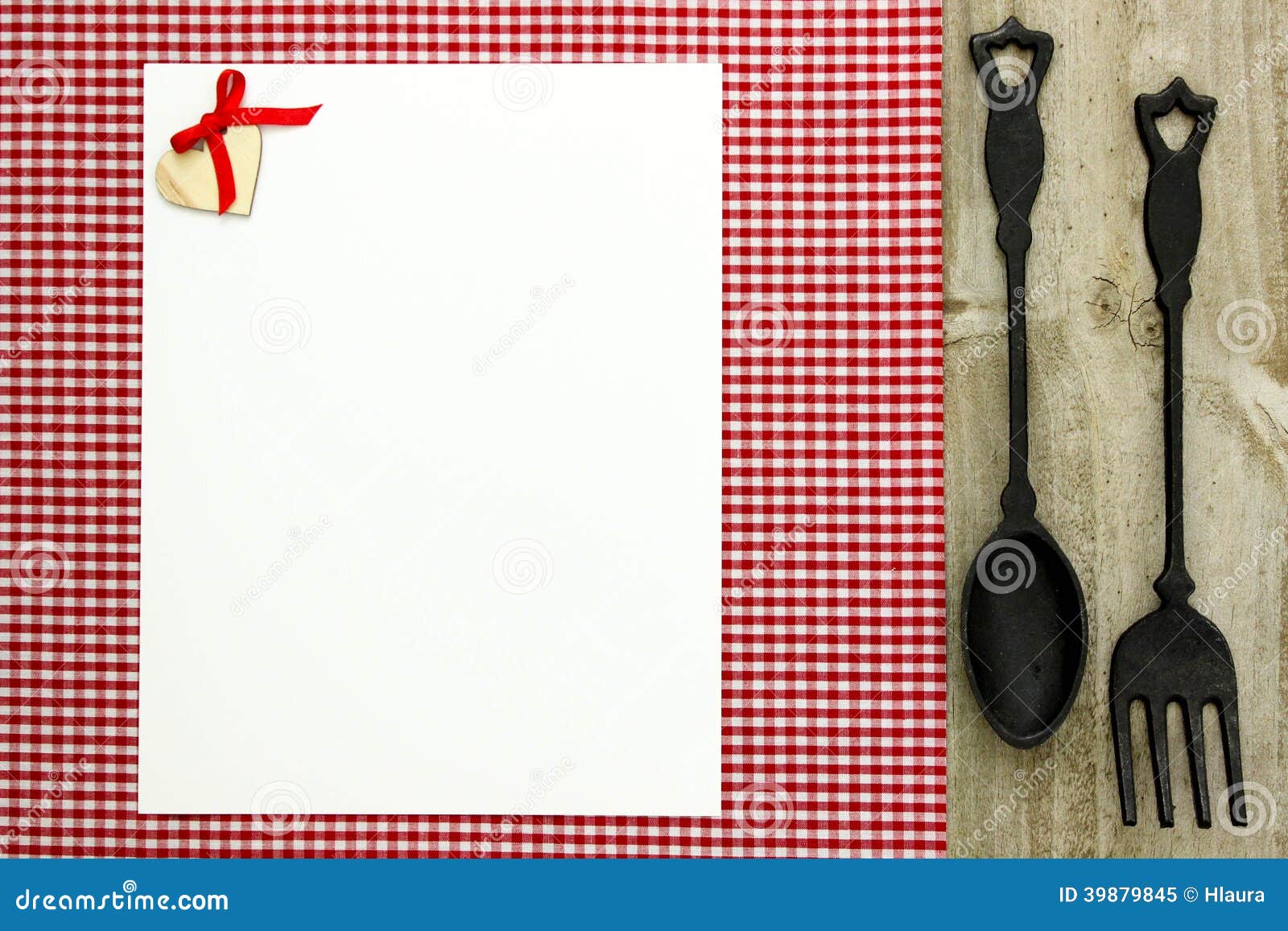 Blank White Menu Sign on Red Checkered Tablecloth with Cast Iron Spoon ...