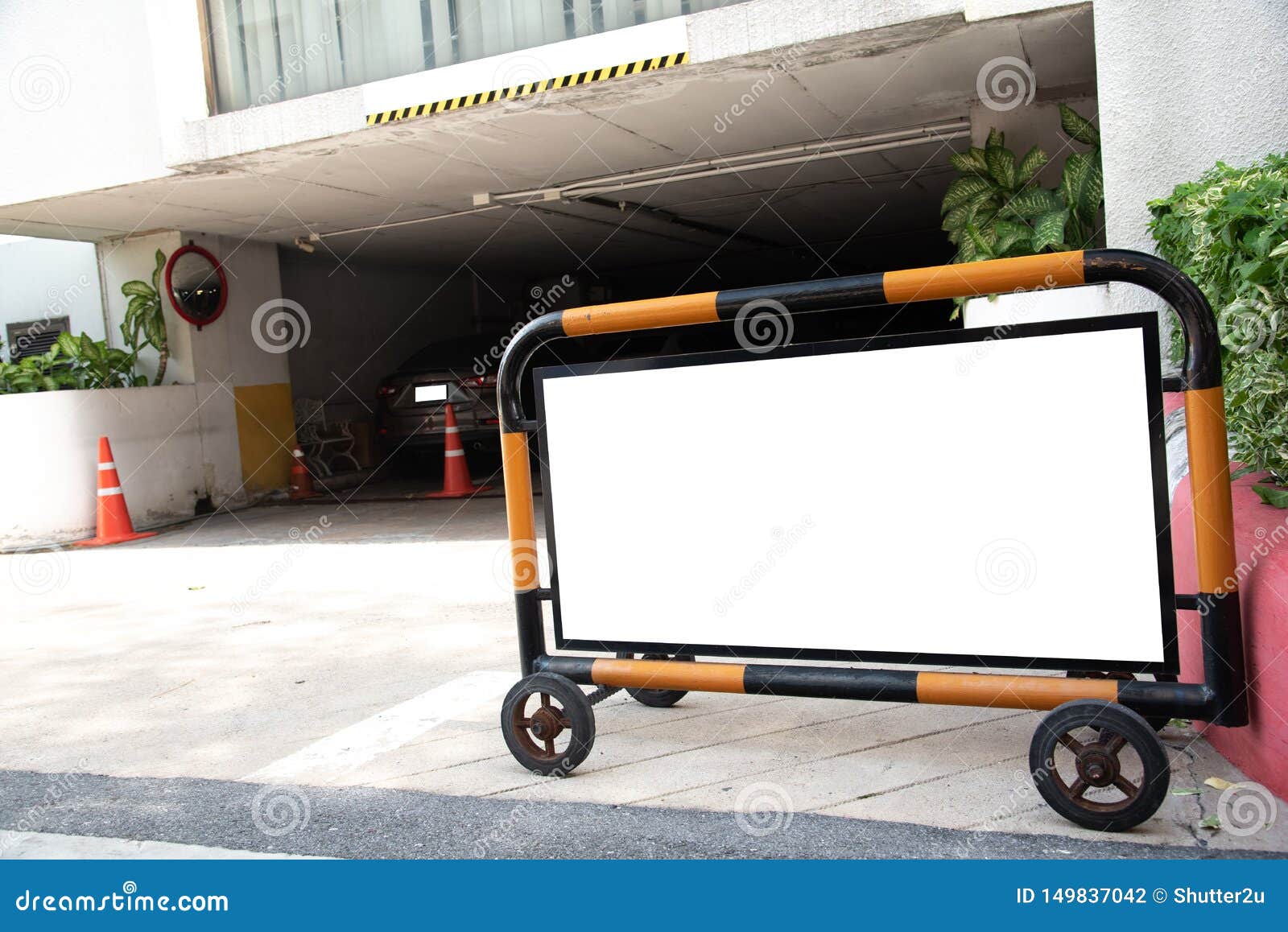 Blank White Movable Sign in Front of Car Park. Traffic and ...