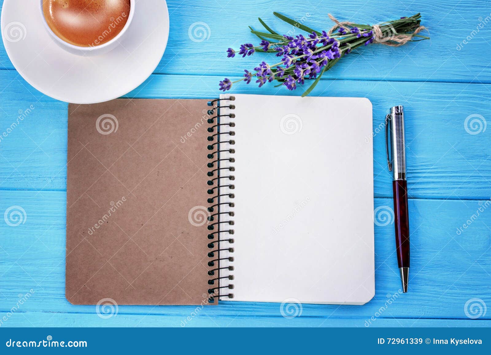 Blank White Notebook, Bunch of Lavender and Cup of Coffee on the Stock ...