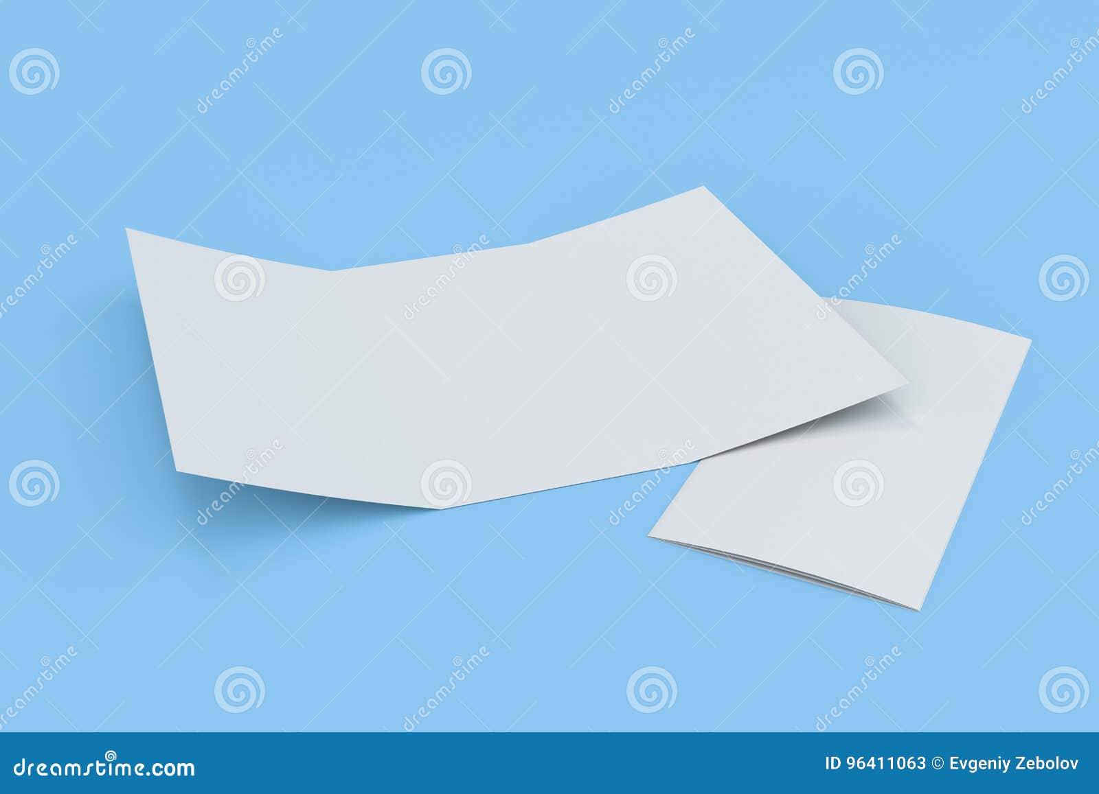 Blank White Open Three Fold Brochure Mockup on Blue Background Stock ...