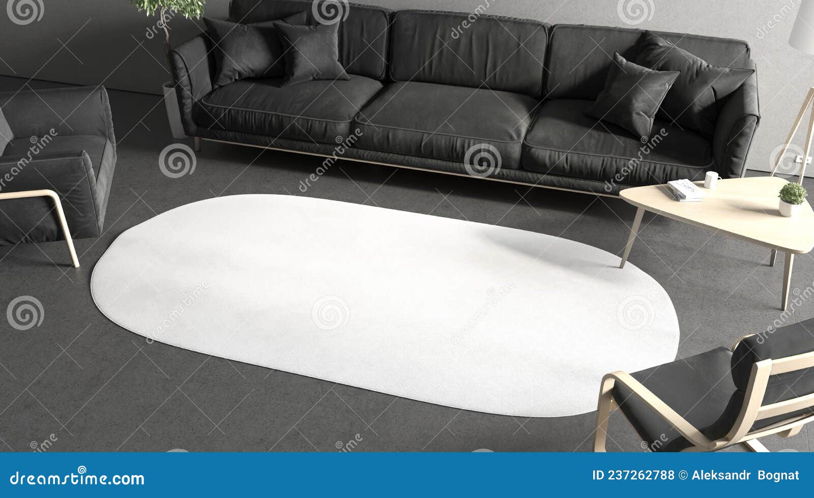Blank White Oval Interior Carpet in Room Mockup, Side View Stock ...