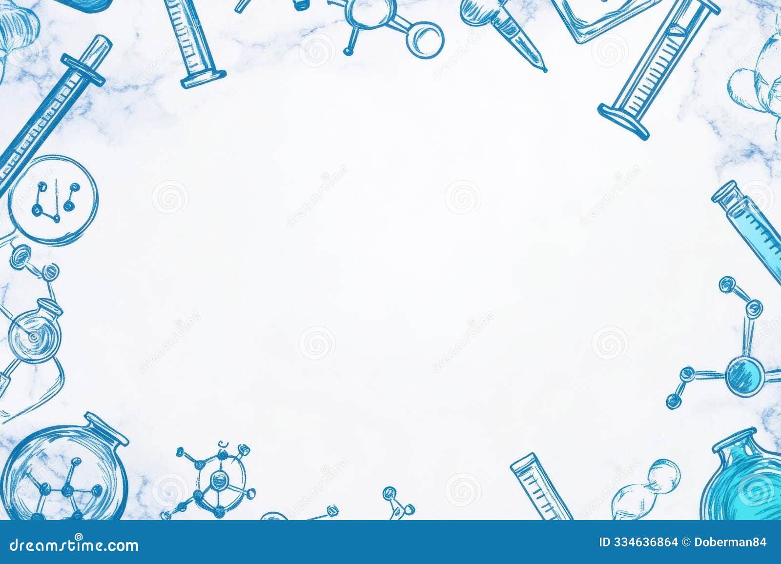 Blank White Page Surrounded by Blue Scientific Doodles Including Flasks ...