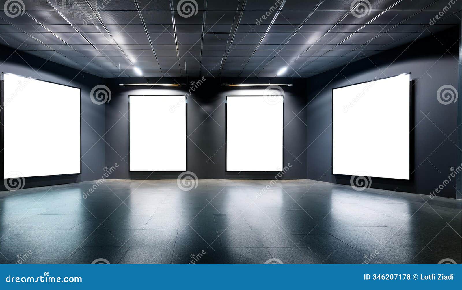 Blank White Panels in a Dark Exhibition Space. 3D Rendering Stock ...