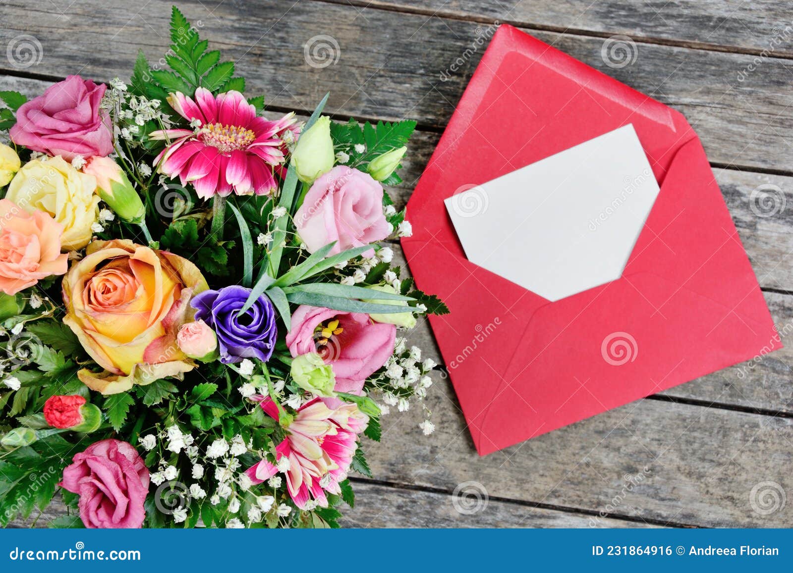 Blank White Paper is Placed on the Open Red Paper Envelope and Flower ...