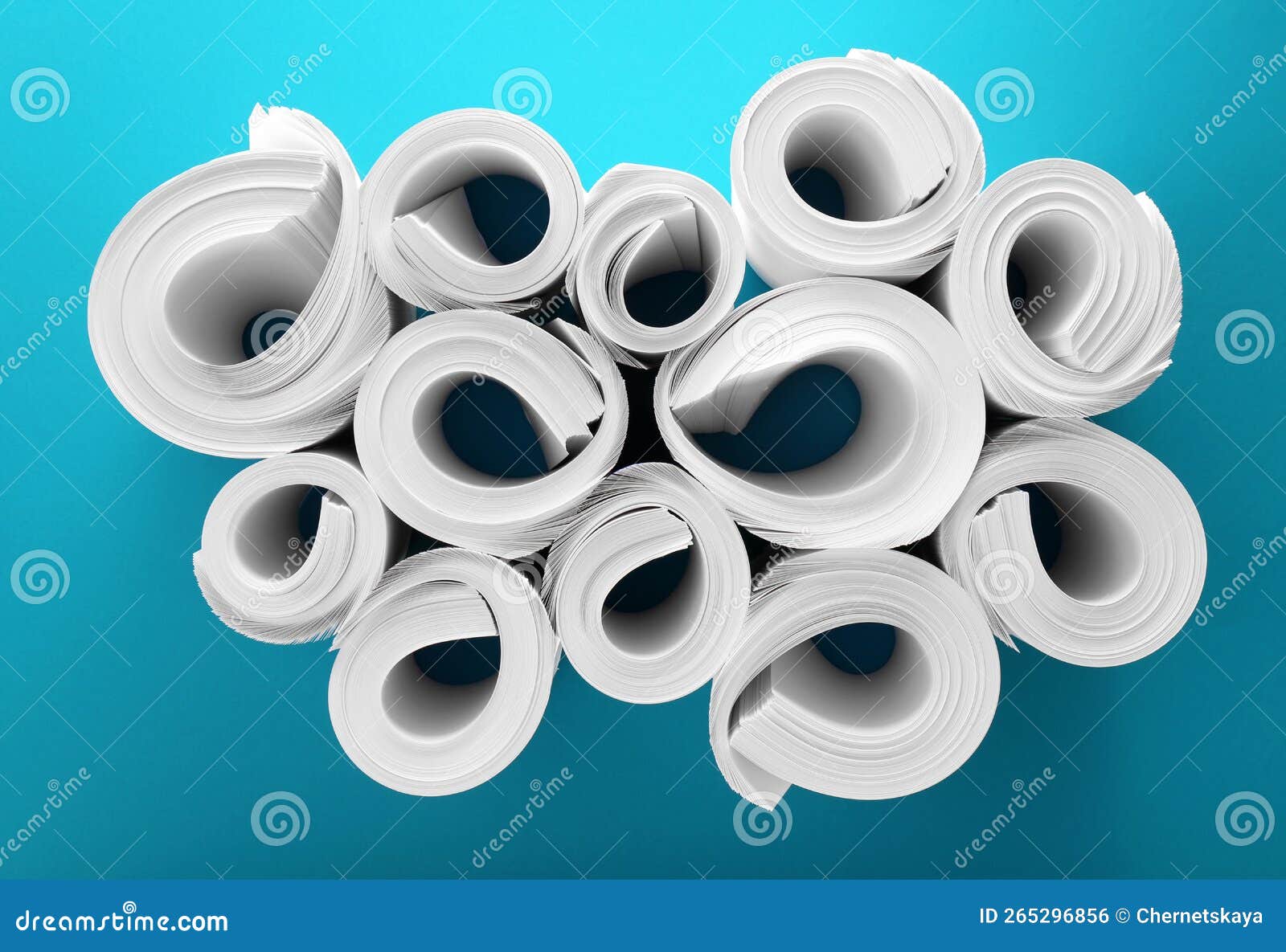 Blank White Paper Rolls on Light Blue Background, Flat Lay Stock Photo ...