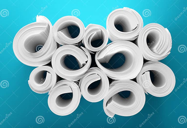 Blank White Paper Rolls on Light Blue Background, Flat Lay Stock Photo ...