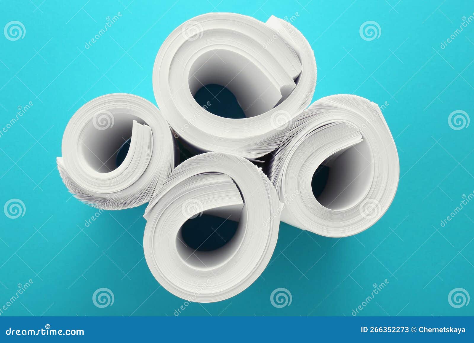 Blank White Paper Rolls on Light Blue Background, Flat Lay Stock Image ...