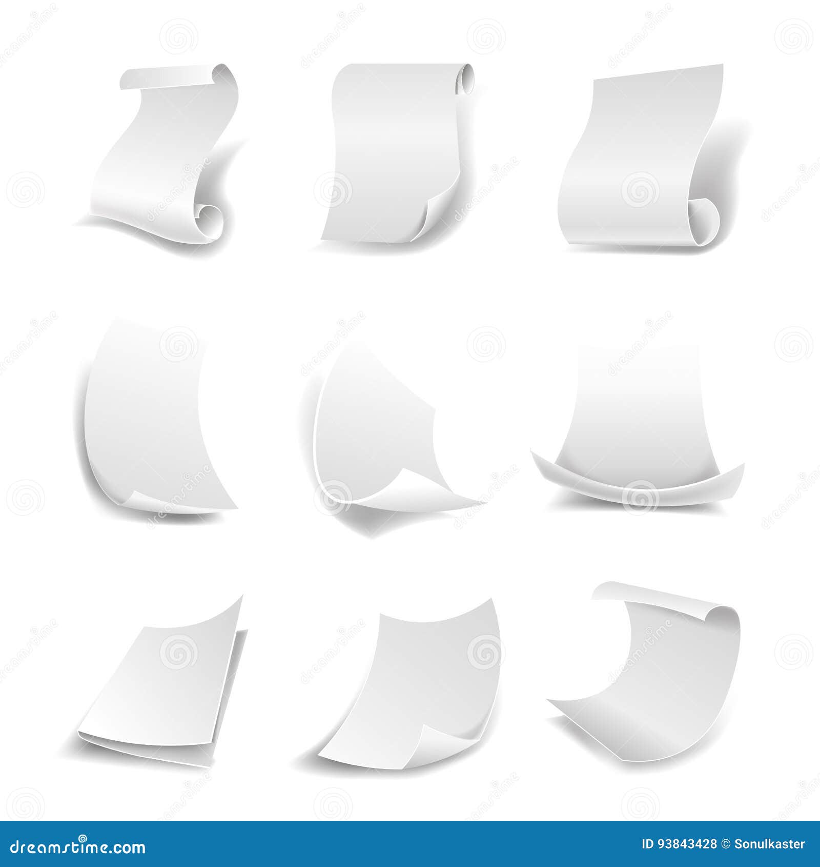 Blank White Paper Sheets in Rolls or Curved Sides Vector Icons Stock ...
