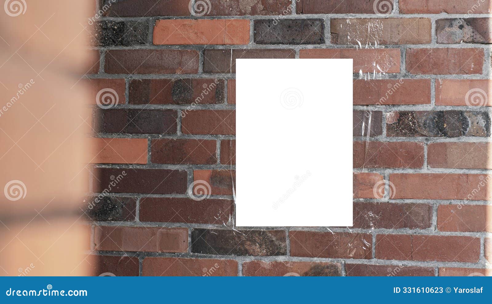 Blank White Poster Taped on Red Brick Wall Partially Obstructed by ...