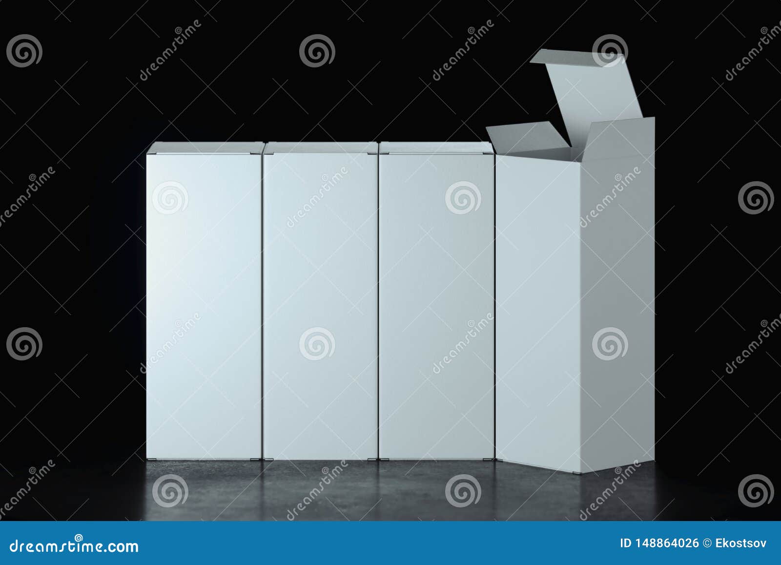 Blank White Realistic Cardboard Boxes on Black Background. 3d Rendering ...
