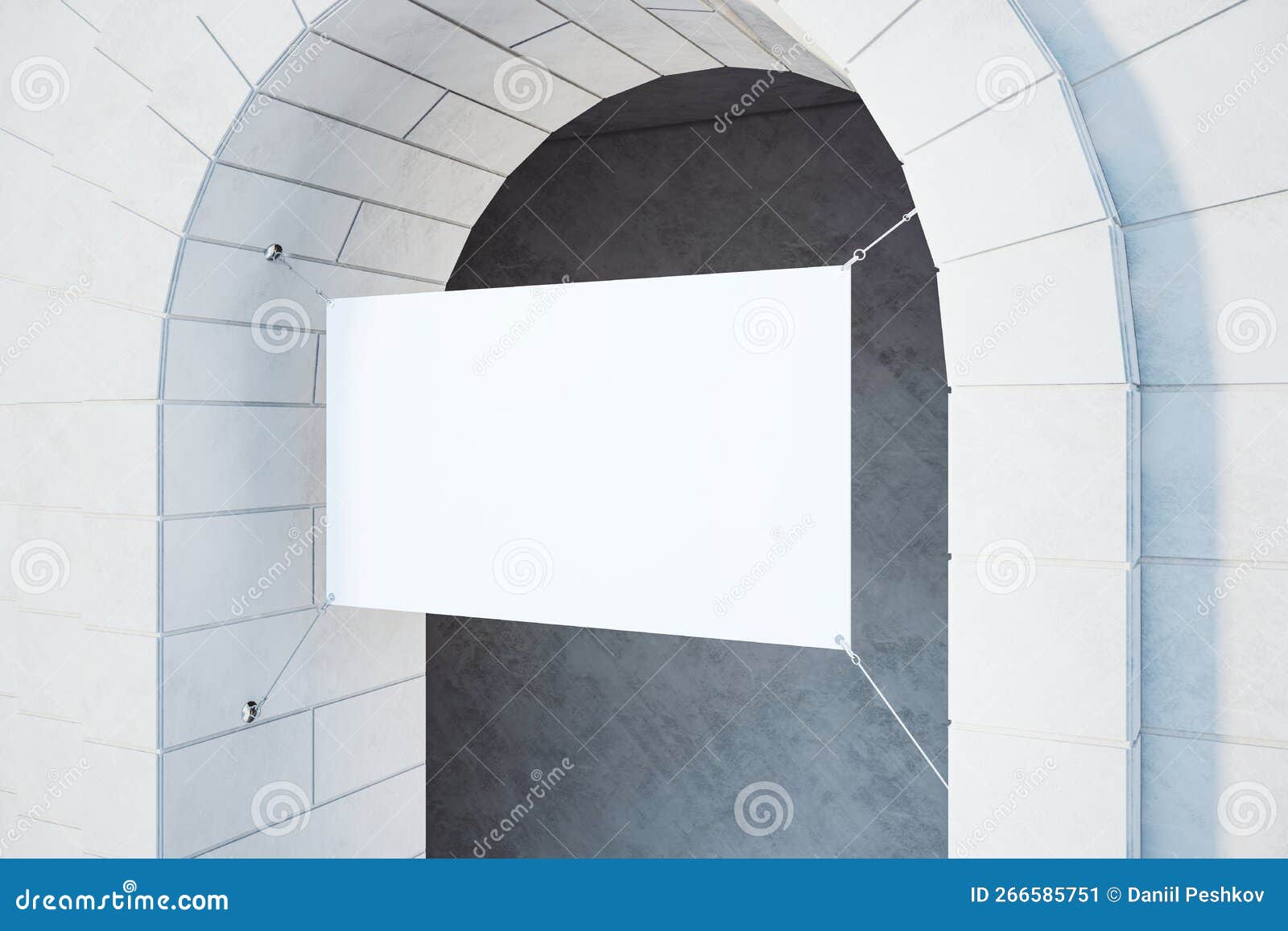 Blank White Rectangular Banner Hanging on Building Facade Arch ...