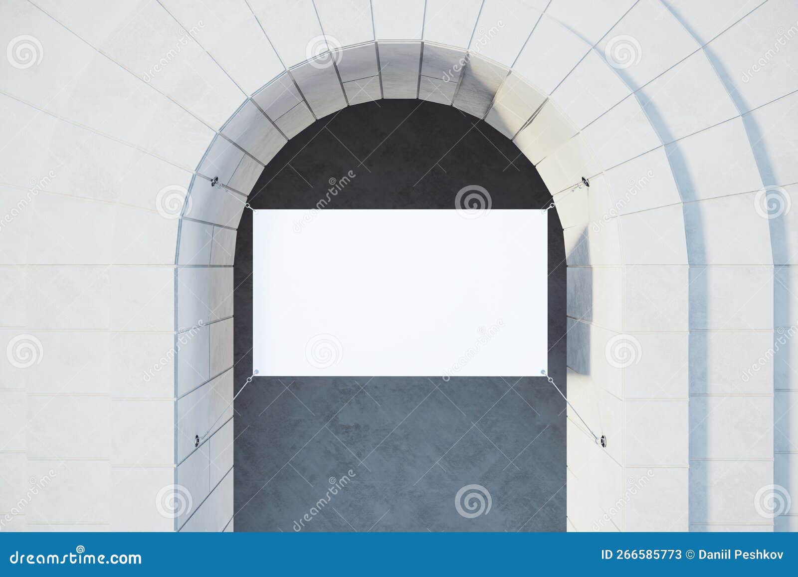 Blank White Rectangular Billboard Hanging on Building Facade Arch ...