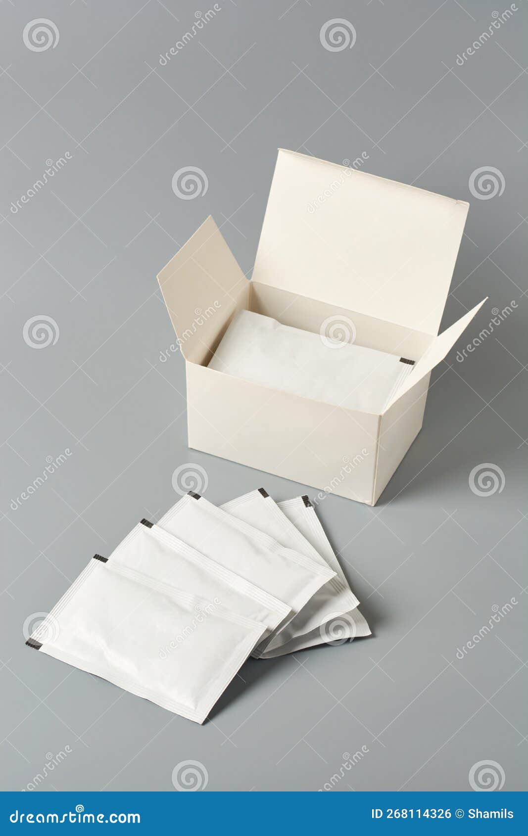 Blank White Sachet Packets with a Box Isolated Stock Photo - Image of ...