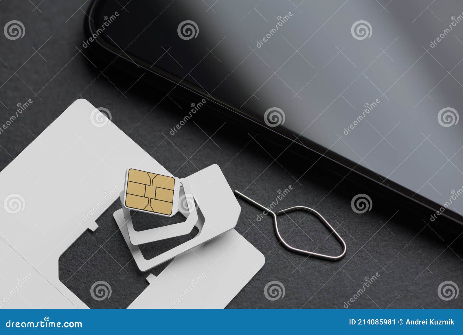 Blank White SIM Card with Smartphone on Black Slate. 3D Rendering and ...