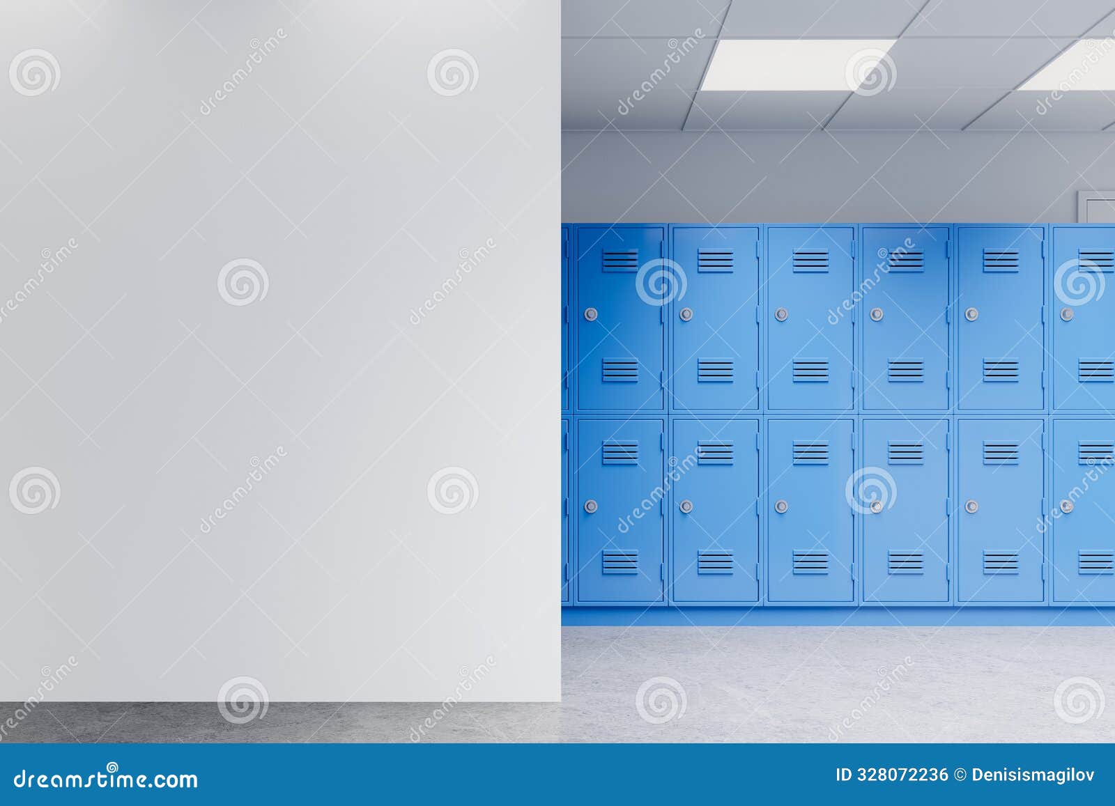 Blank White Wall and Blue Lockers in a School Hallway. 3D Rendering ...