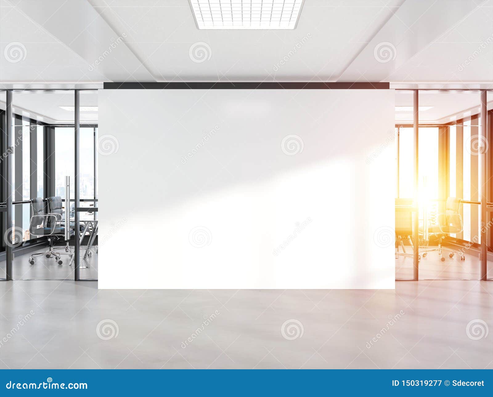Blank White Wall in Concrete Office with Large Windows Mockup 3D ...