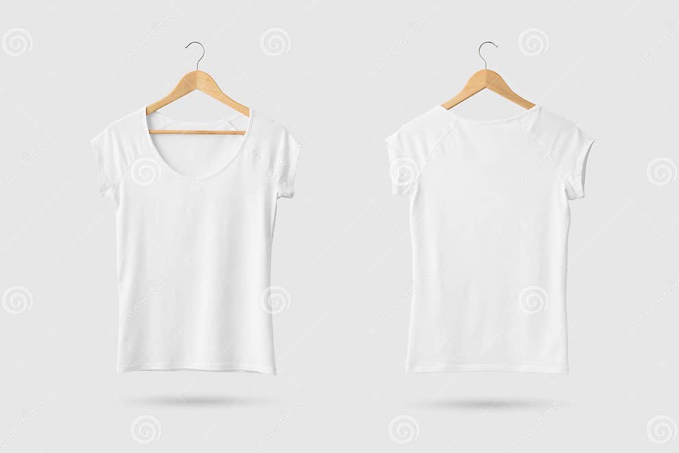 Blank White Women S T Shirt Mockup On Wooden Hanger Isolated On Light