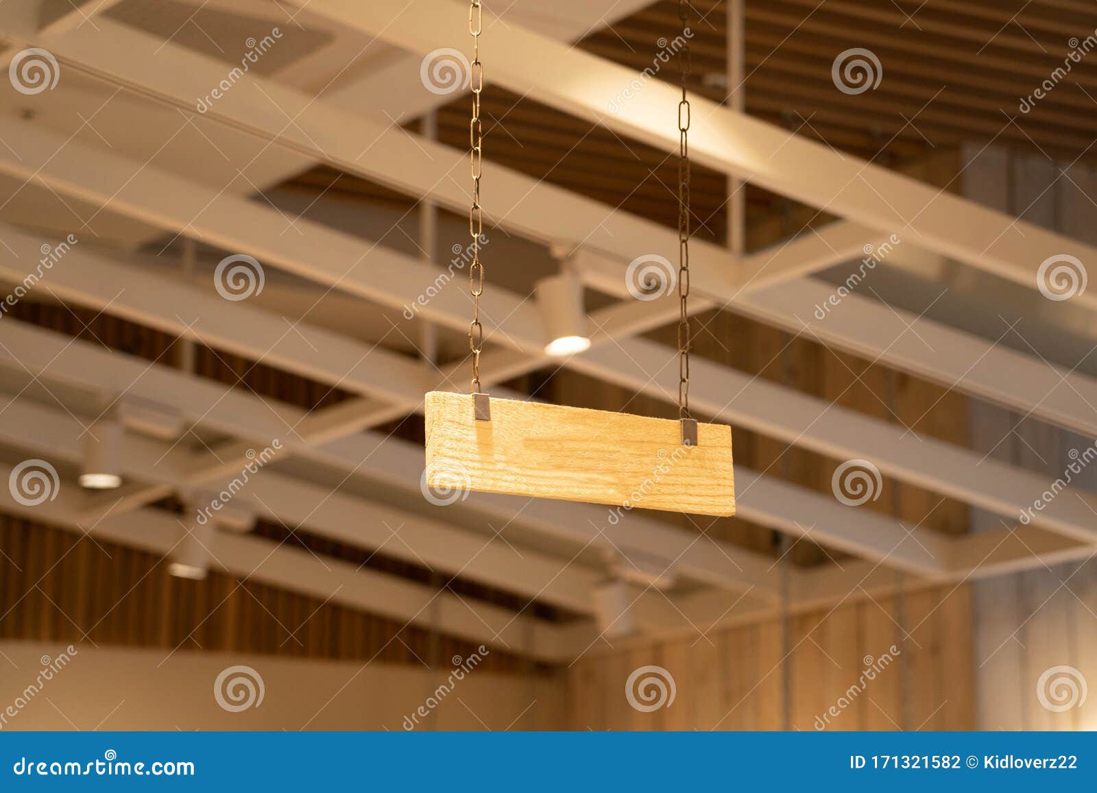Blank Wooden Information Sign Board Hanging on the Ceiling Stock Photo ...