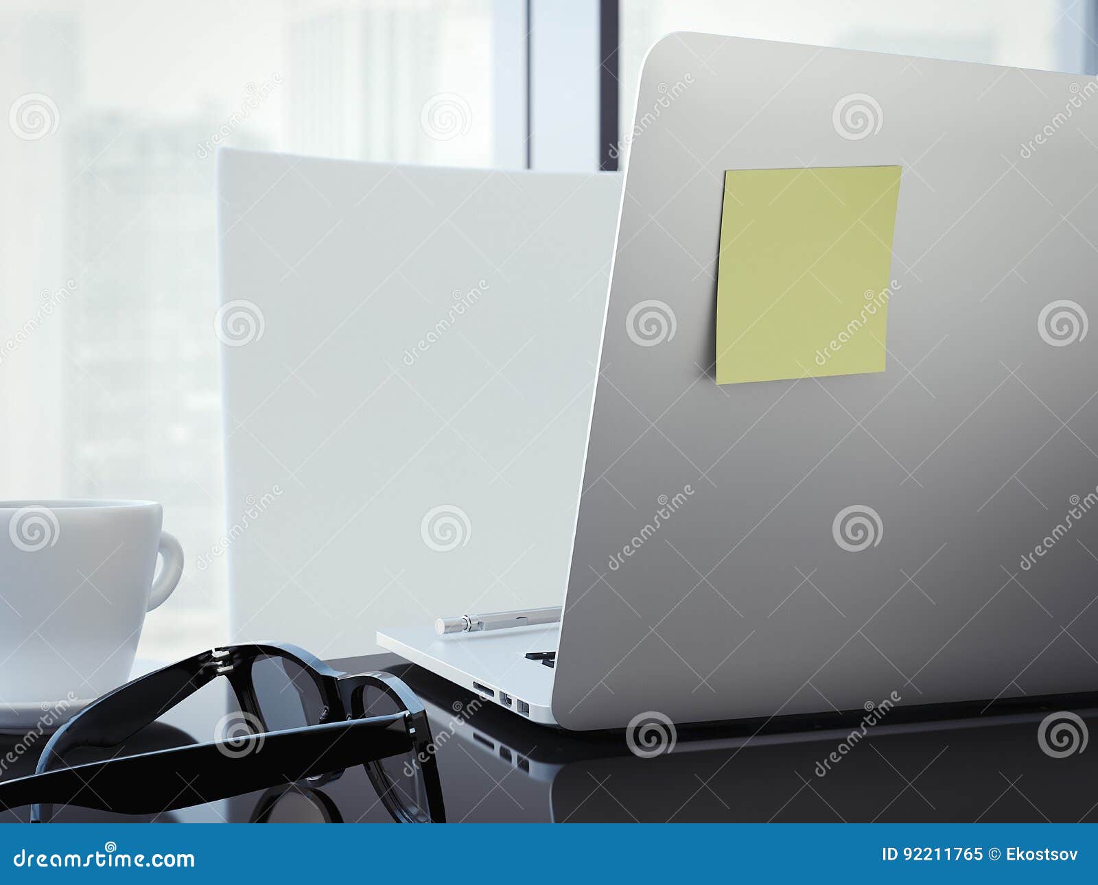 Blank Yellow Sticky Note on the Modern Laptop. 3d Rendering Stock ...