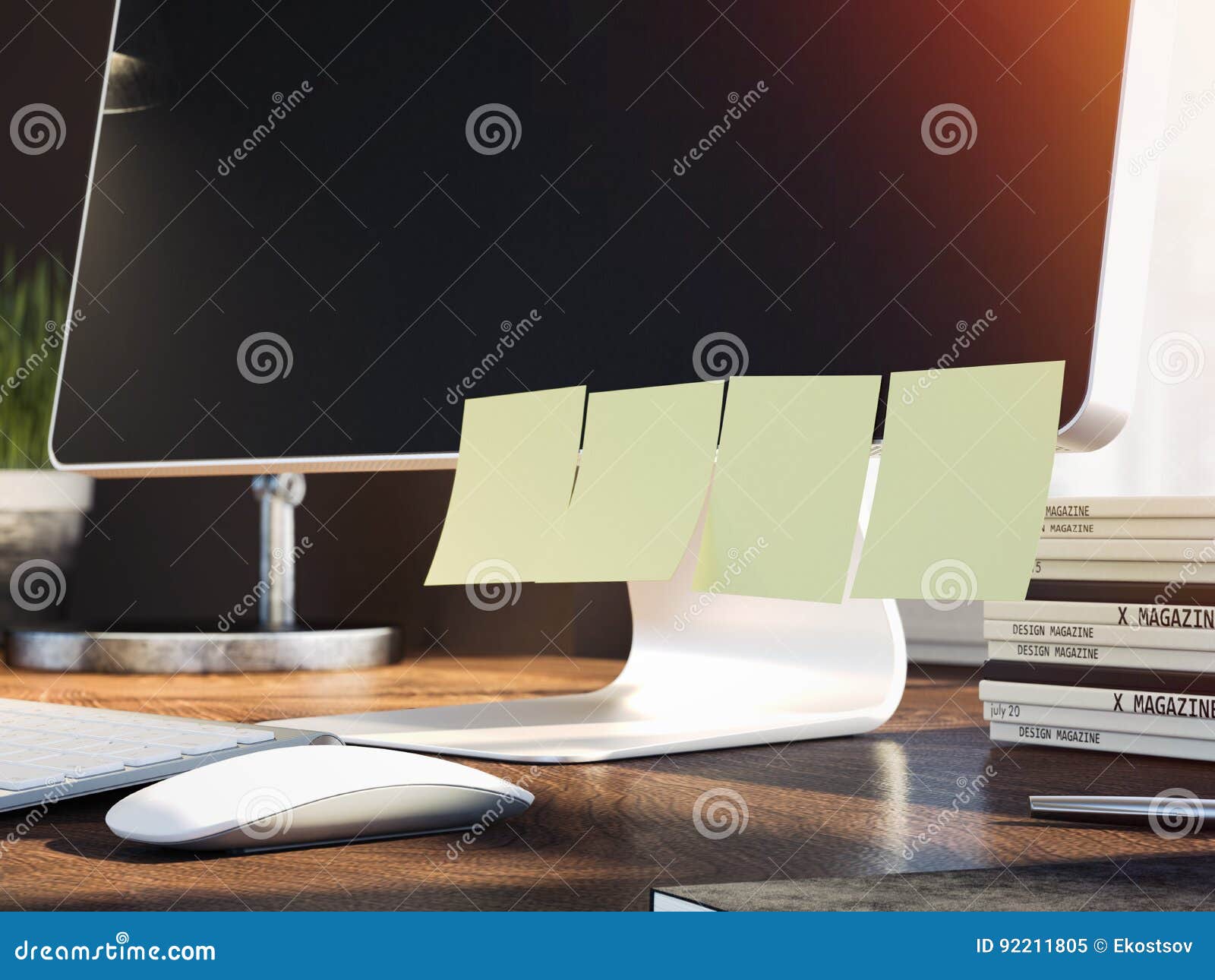 Blank Yellow Sticky Notes on the Dark Display of Computer. 3d Rendering ...