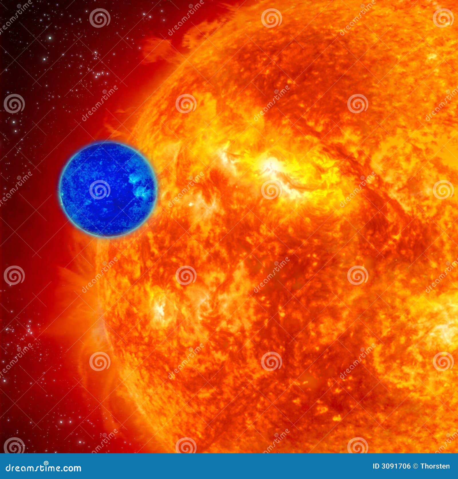 Blauwe Planeet en Rode Zon stock foto. Image of aarde - 3091706