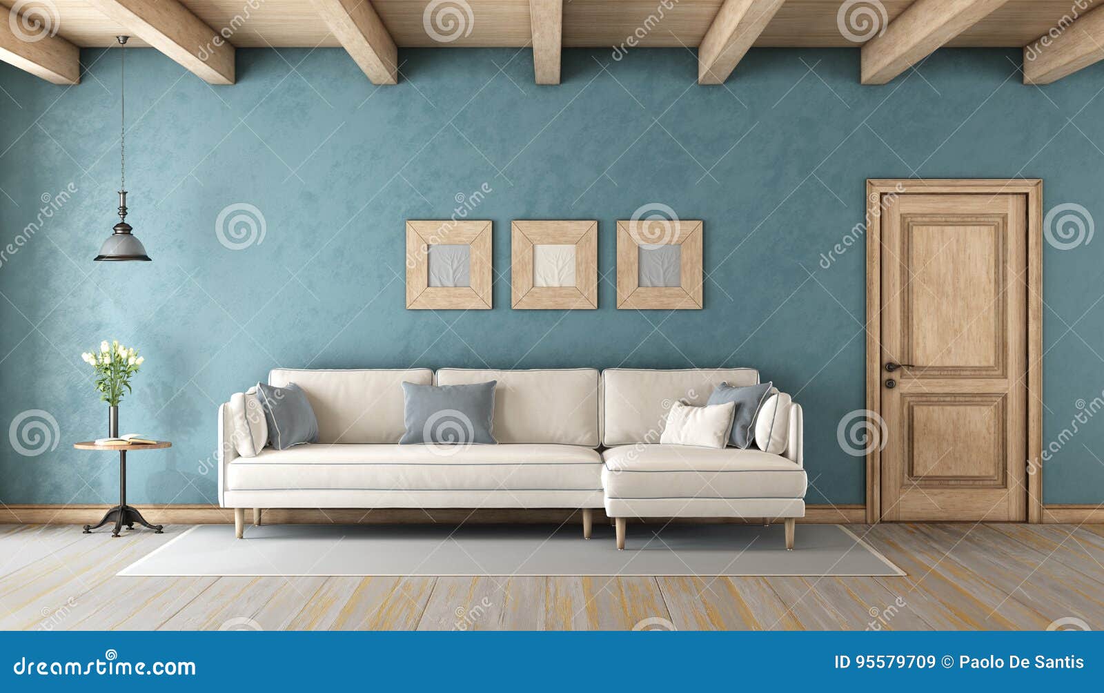 Blauwe Woonkamer Met Witte Bank Stock Illustratie - Illustration of ...