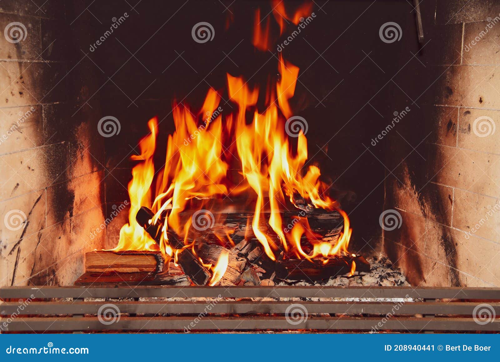 Blazing Fire in Fireplace with Ashes and Smoke. Stock Image - Image of ...